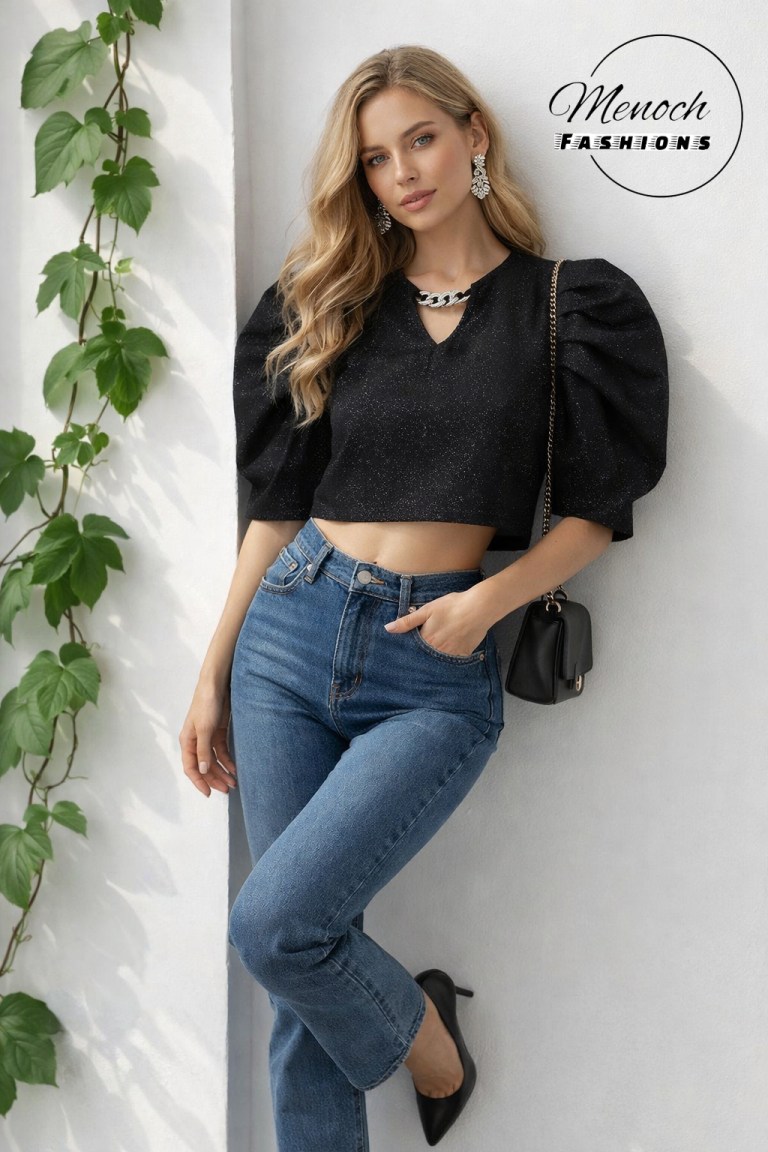 Red Shiny Stretch Crop Top with Half Puff Sleeves – Menoch Fashions